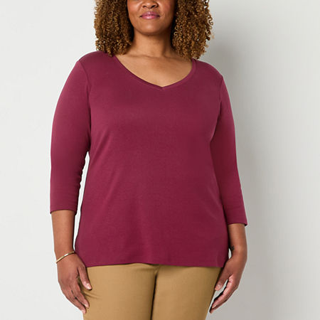 St. Johns Bay Womens V Neck 3/4 Sleeve Plus T-Shirt  4x  Red