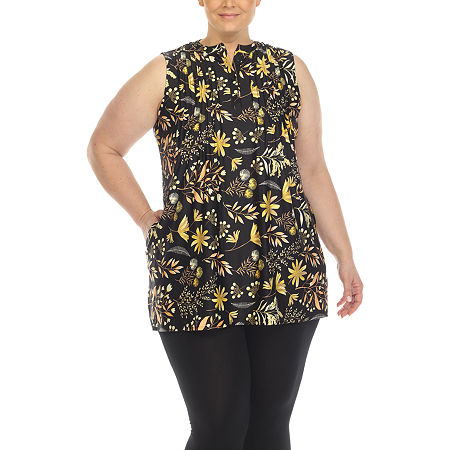 White Mark Plus Size Floral Sleeveless Tunic Top - Black