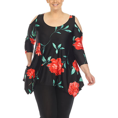 White Mark Plus Size Floral Printed Cold Shoulder Tunic Top - Black  Red