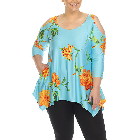 White Mark Plus Size Floral Printed Cold Shoulder Tunic Top - Blue  Orange