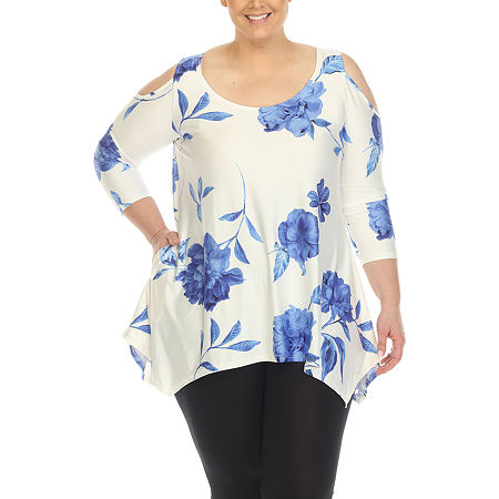 White Mark Plus Size Floral Printed Cold Shoulder Tunic Top - White  Blue