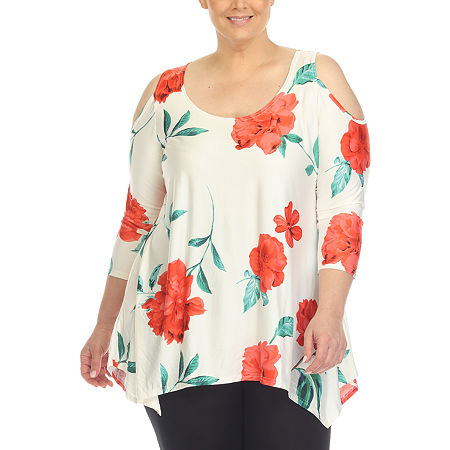 White Mark Plus Size Floral Printed Cold Shoulder Tunic Top - White  Red