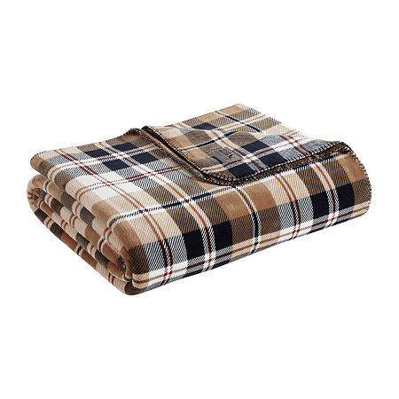 Eddie Bauer Trailhead Plaid Plush Reversible Blanket  Twin - Camel/Navy