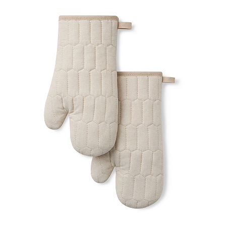 Martha Stewart Honeycomb Quilted Chambray Oven Mitt Set  7 x 13 - Natural