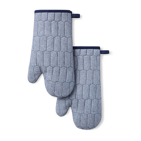 Martha Stewart Honeycomb Quilted Chambray Oven Mitt Set  7 x 13 - Navy Blue