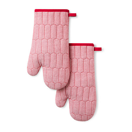 Martha Stewart Honeycomb Quilted Chambray Oven Mitt Set  7 x 13 - Red