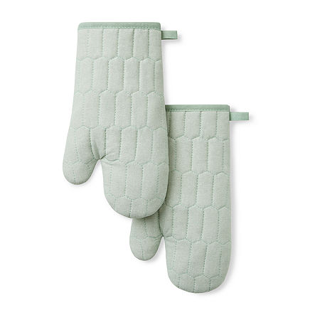 Martha Stewart Honeycomb Quilted Chambray Oven Mitt Set  7 x 13 - Mint Green