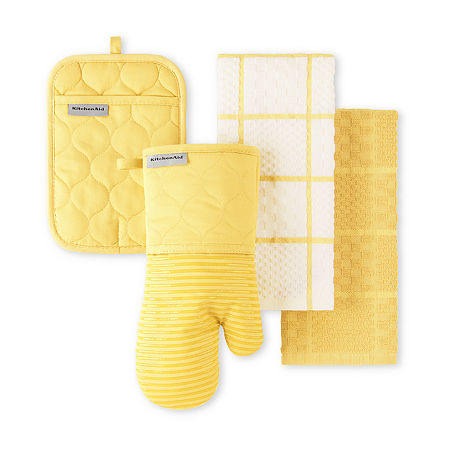 KitchenAid Quilted Cotton Terry Cloth Kitchen Towel  Oven Mitt  Pot Holder  4-Pack Set - Butter Yellow