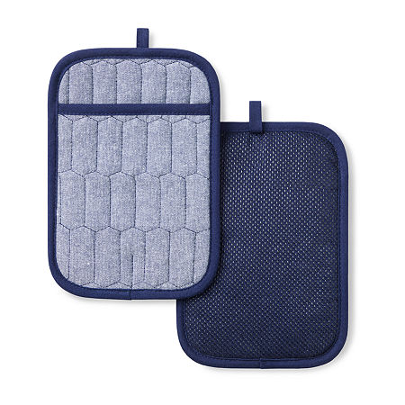 Martha Stewart Honeycomb Quilted Chambray Pot Holder Set  7 x 10 - Navy Blue