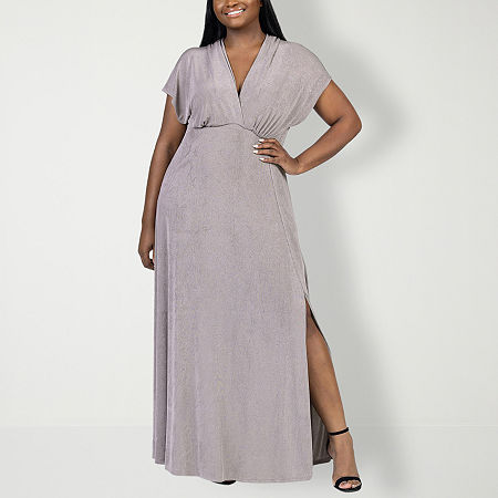 24seven Comfort Apparel Plus Size Front Slit Empire Waist Maxi Dress - Gray