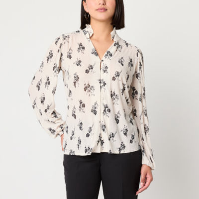 52seven Womens Y Neck Long Sleeve Blouse, Color: Ivory Black - JCPenney