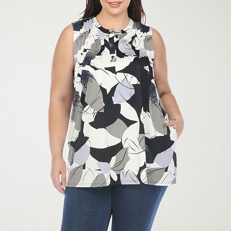 White Mark Plus Size Pleated Front Sleeveless Tunic Top - Navy Gray
