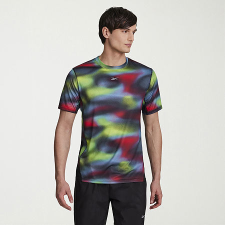 Reebok Mens Run Distort All Over Print Speed Crewneck T-Shirt - Multi/Black