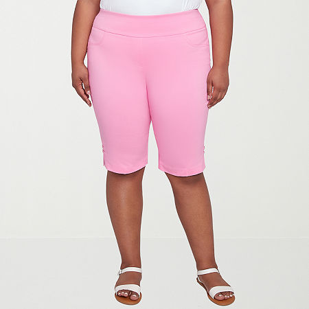 Hearts Of Palm Plus Size Solid Tech Stretch Pull On Skimmer Pants - Bright Pink
