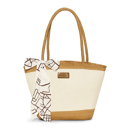 Click here for London Fog Top Ruffel Straw Tote Bag  One Size  Wh... prices