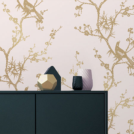 Cynthia Rowley for Tempaper Bird Watching Rose Pink & Gold Peel and Stick Wallpaper - Light/pastel Pink