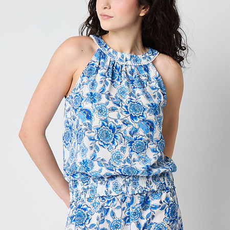 Bcx Juniors Floral-Print Smocked-Hem Halter Top - Blue/white