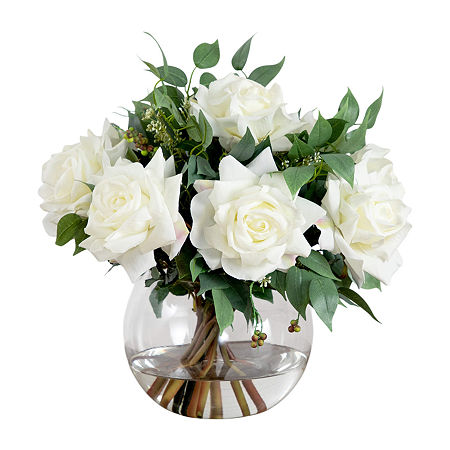 Click here for Nearly Natural 16 Roses Mixed Greens Glass Vase Ar... prices