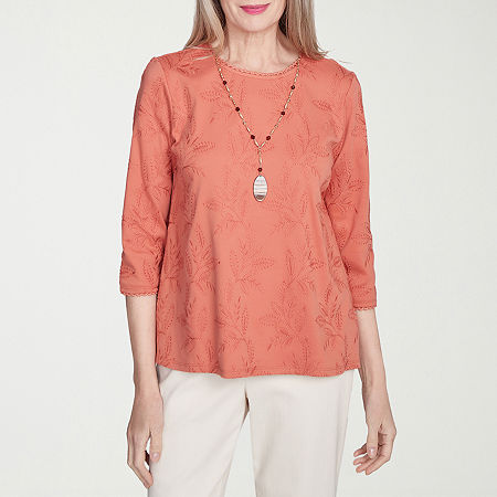 Alfred Dunner Natural Instinct Womens Crew Neck 3/4 Sleeve Embroidered Blouse  X-large  Brown