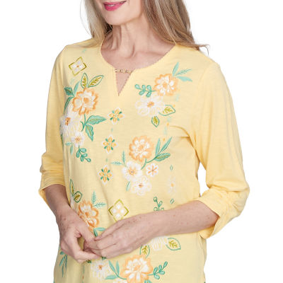 Alfred Dunner Rise And Shine Womens Split Crew Neck 3/4 Sleeve T-Shirt ...