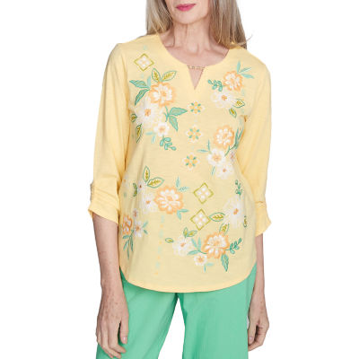 Alfred Dunner Rise And Shine Womens Split Crew Neck 3/4 Sleeve T-Shirt ...