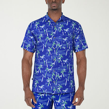 Pga Tour Mens Short Sleeve Watercolor Palm Print Button-Front Shirt - Princess Blue