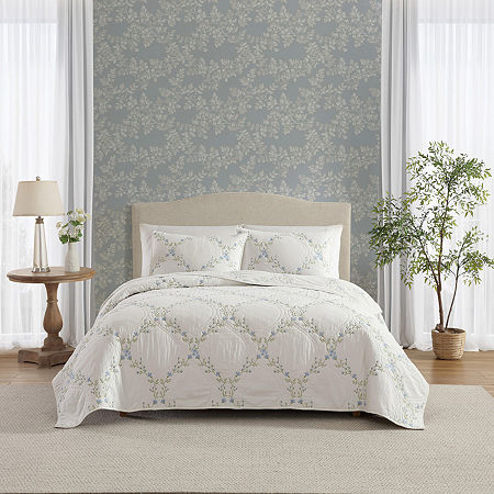 Laura Ashley Floral Embroidery Cotton 2-Pc. Quilt Set  Twin - Blue  green