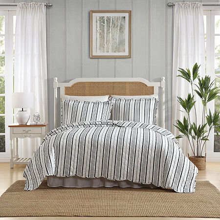 Laura Ashley Stripe Perfection Cotton 3-Pc. Quilt Set  King - Charcoal Gray  White