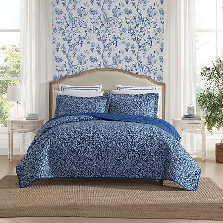 Laura Ashley Elaina Cotton 3-Pc. Quilt Set  King - Indigo Blue
