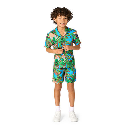 OppoSuits Big Boys 2-Piece Minecraft Summer Short Sleeve Shirt and Shorts Set - Multicolor