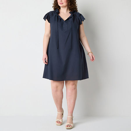 Click here for Robbie Bee Plus Size Flutter-Sleeve Tie-Neck Shift... prices