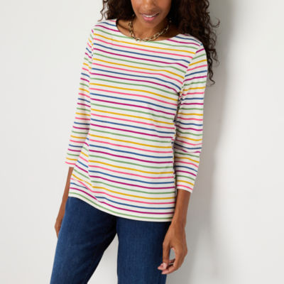 St. John's Bay Womens Boat Neck 3/4 Sleeve T-Shirt, Color: Multi Stripe ...