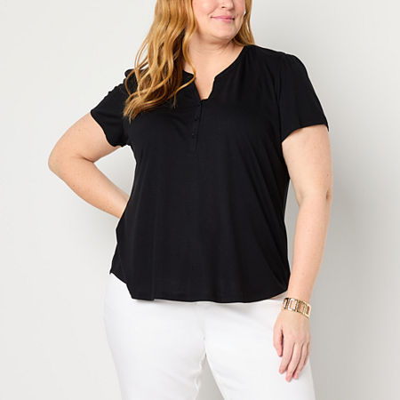 Liz Claiborne Womens V Neck Short Sleeve Plus Blouse  1x  Black