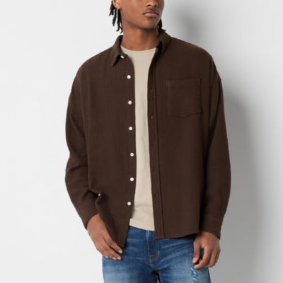 Arizona Mens Long Sleeve Textured Button-Up Shirt, Color: Dark Java ...