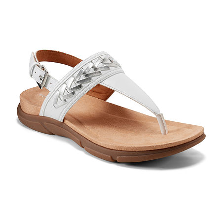 Easy Spirit Womens Monte Woven T-Strap Flat Sandals - White/Silver