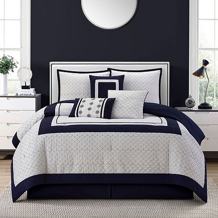 Stratford Park Navina Geometric 7-Pc. Comforter Set  King - White Navy