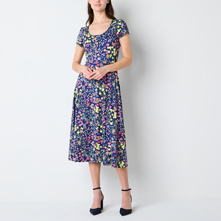 Studio 1 Womens Short Sleeve Floral Midi Fit + Flare Dress  Petite X-large  Blue