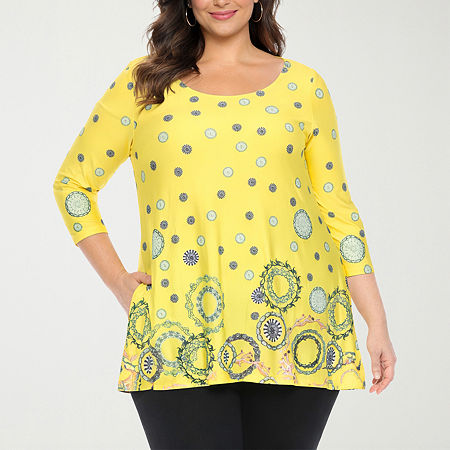 White Mark Plus Size Printed Sleeve Flowy Tunic Top - Yellow