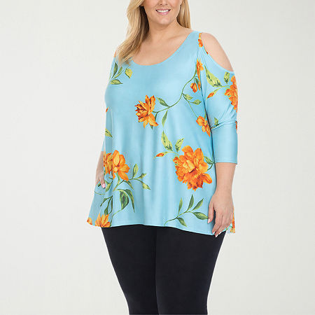 Click here for White Mark Plus Size Floral Cold Shoulder Knit Tun... prices