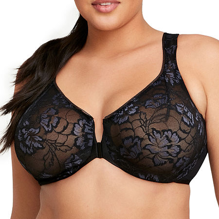 Womens Full Figure Wonderwire Front Close Stretch Lace Bra with Narrow Set Straps 9246 - Black