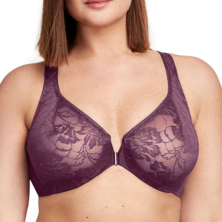 Womens Full Figure Wonderwire Front Close Stretch Lace Bra with Narrow Set Straps 9246 - Black Plum