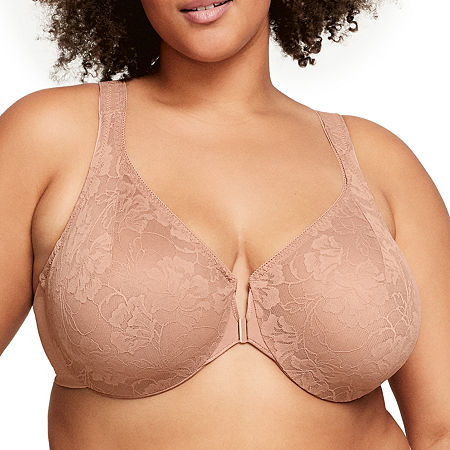 Womens Full Figure Wonderwire Front Close Stretch Lace Bra with Narrow Set Straps 9246 - Cappuccino