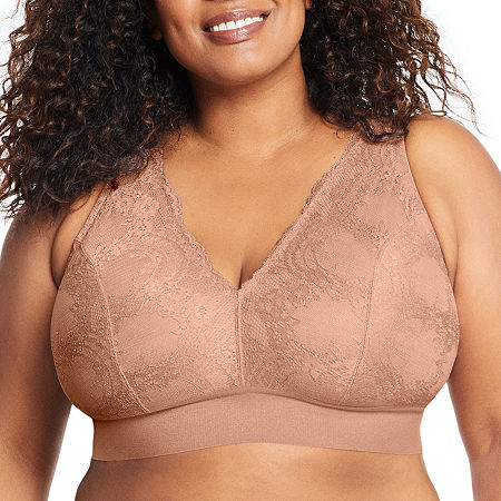 Glamorise Plus Size Full Figure Bramour Lexington Lace Plunge Wireless Bralette 7013 - Cappuccino