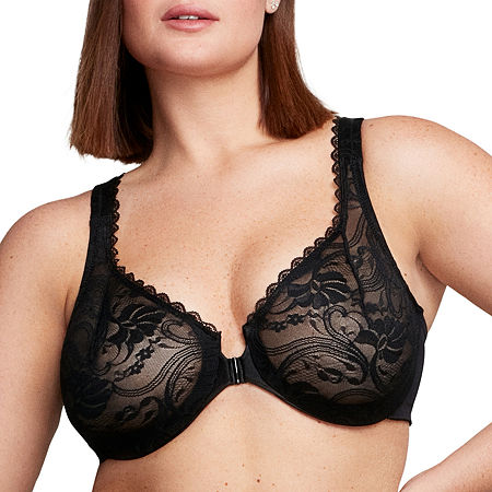 Glamorise Womens Full Figure Plus Size Wonderwire Front Close Stretch Lace Bra 9245 - Black