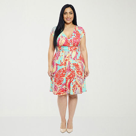 24seven Comfort Apparel Plus Size Abstract Cap Sleeve Pocket Dress - Red Multi