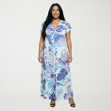 24seven Comfort Apparel Plus Size Abstract Empire Waist Cap Sleeve Maxi Dress - Blue Multi