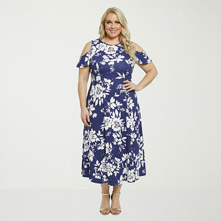 24seven Comfort Apparel Plus Size Ruffle Sleeve Cold Shoulder Maxi Dress - Blue Multi
