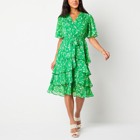 Studio 1 Womens Short Sleeve Floral Midi Fit + Flare Dress  Large  Green