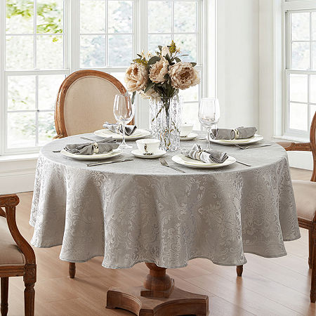 Elrene Caiden Elegance Damask Tablecloth - 90 Round - Silver