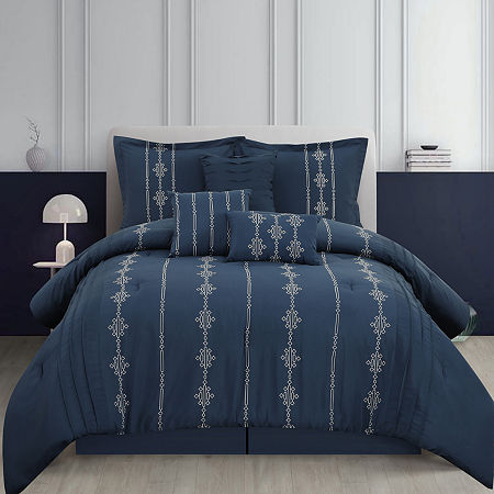 Closeout! Stratford Park Crocusveta Satin Embroidery 7-Pc. Comforter Set  Queen - Navy